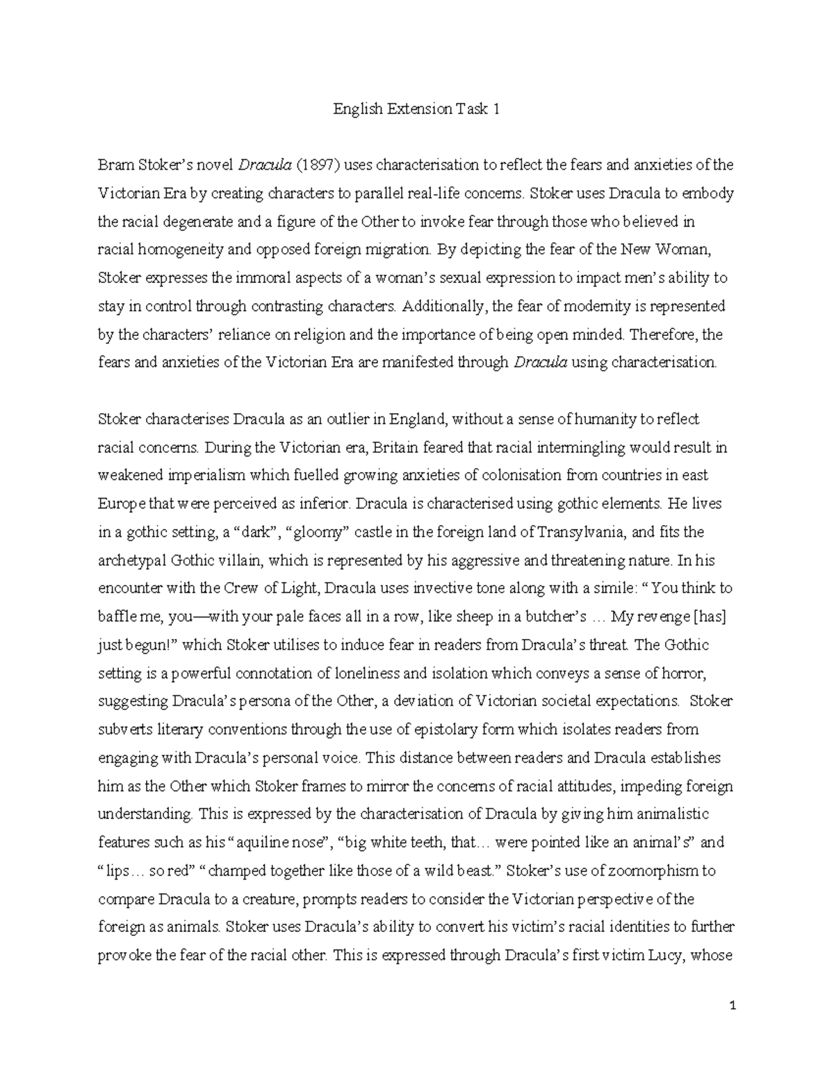 Dracula Essay Task 1 - English Extension Task 1 Bram Stoker’s novel ...