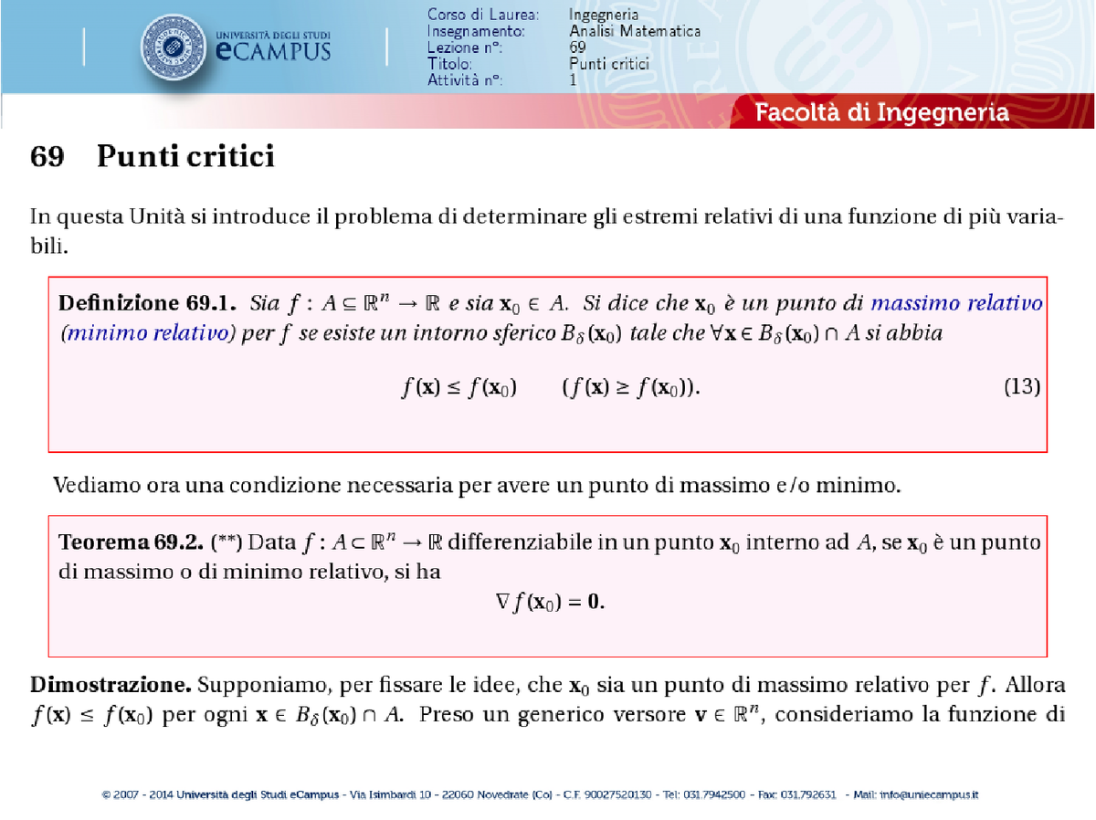 Lezione 69 - Punti critici - Corso di Laurea: Insegnamento: Lezione n ° : Titolo: Attività n ...