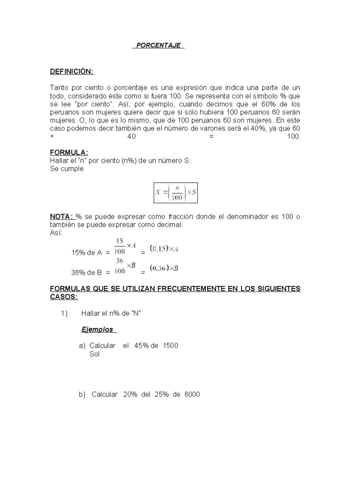 Porcentaje teoria - Lectura - PORCENTAJE DEFINICIÓN: Tanto por ciento o ...