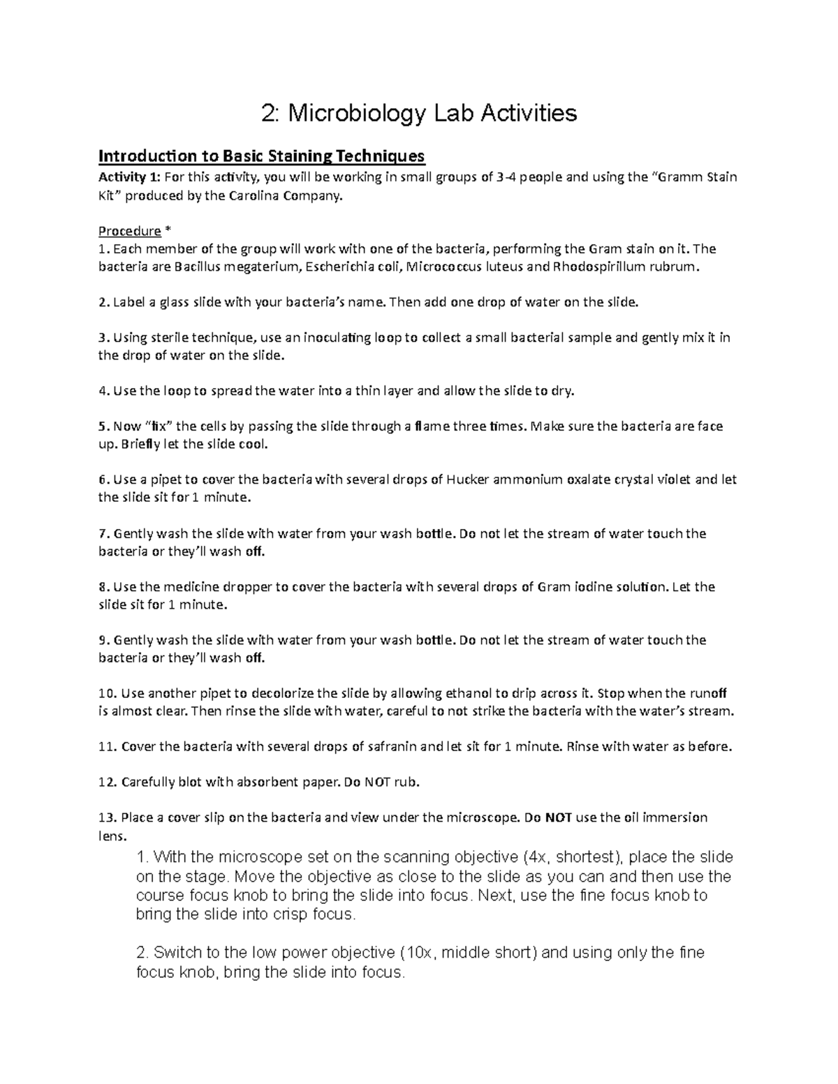 2 Microbiology Lab Assignment 2 - 2: Microbiology Lab Activities ...