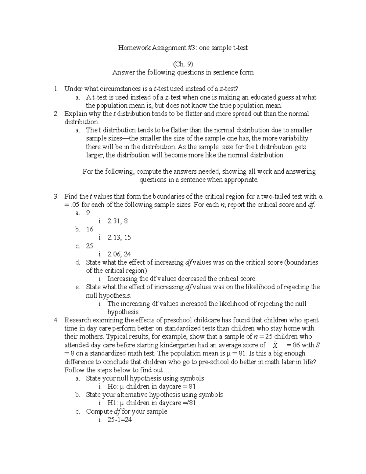 Homework 3 - Homework Assignment #3: one sample t-test (Ch. 9) Answer ...