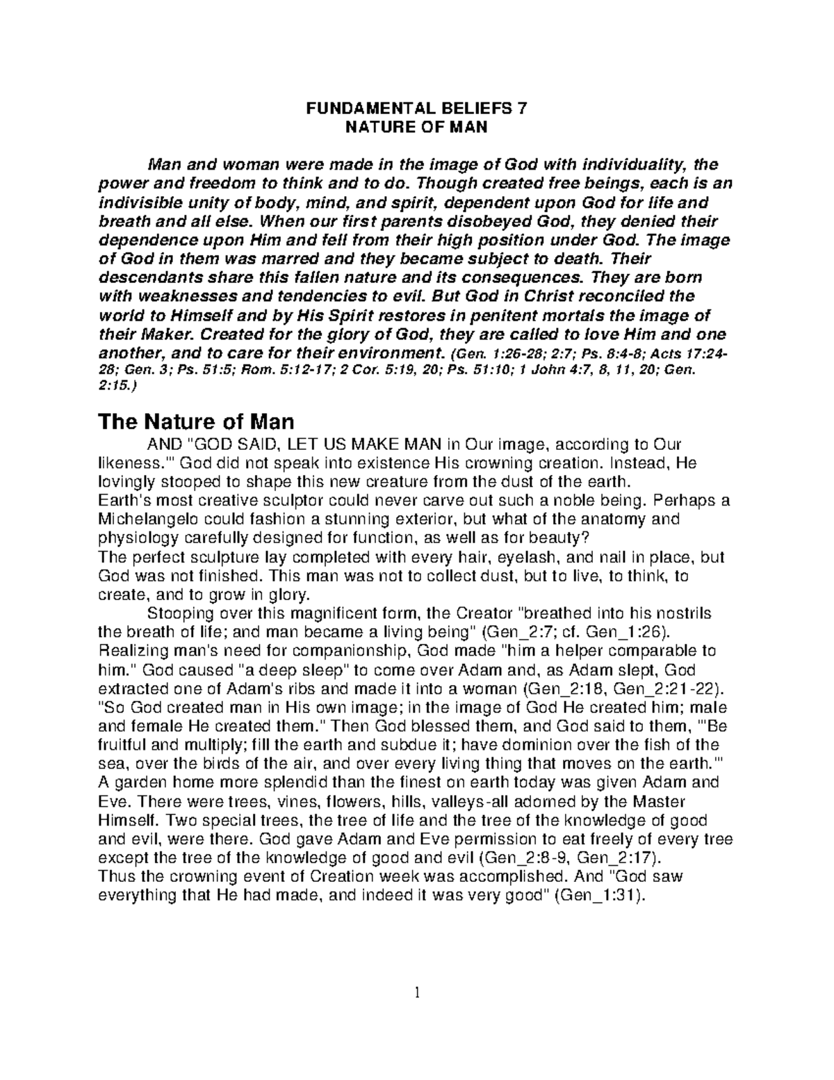 Nature OF MAN - Theology - FUNDAMENTAL BELIEFS 7 NATURE OF MAN Man and ...