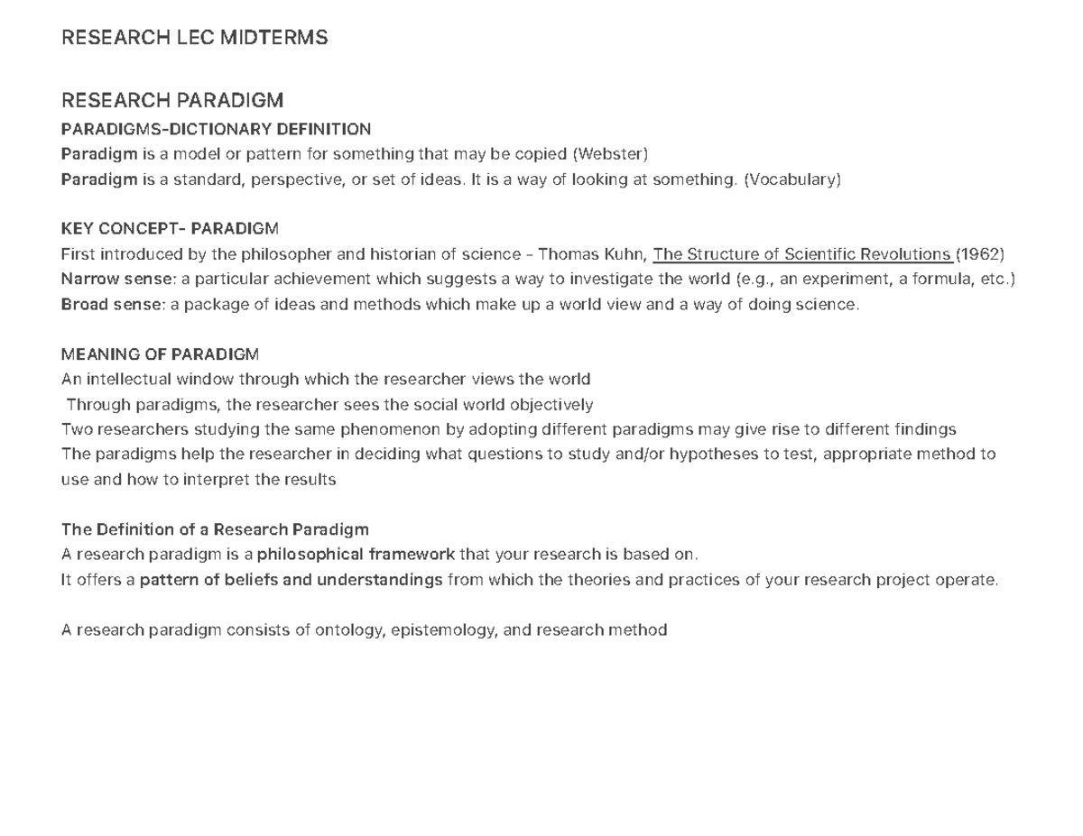 lecture notes nursing - RESEARCH LEC MIDTERMS RESEARCH PARADIGM ...