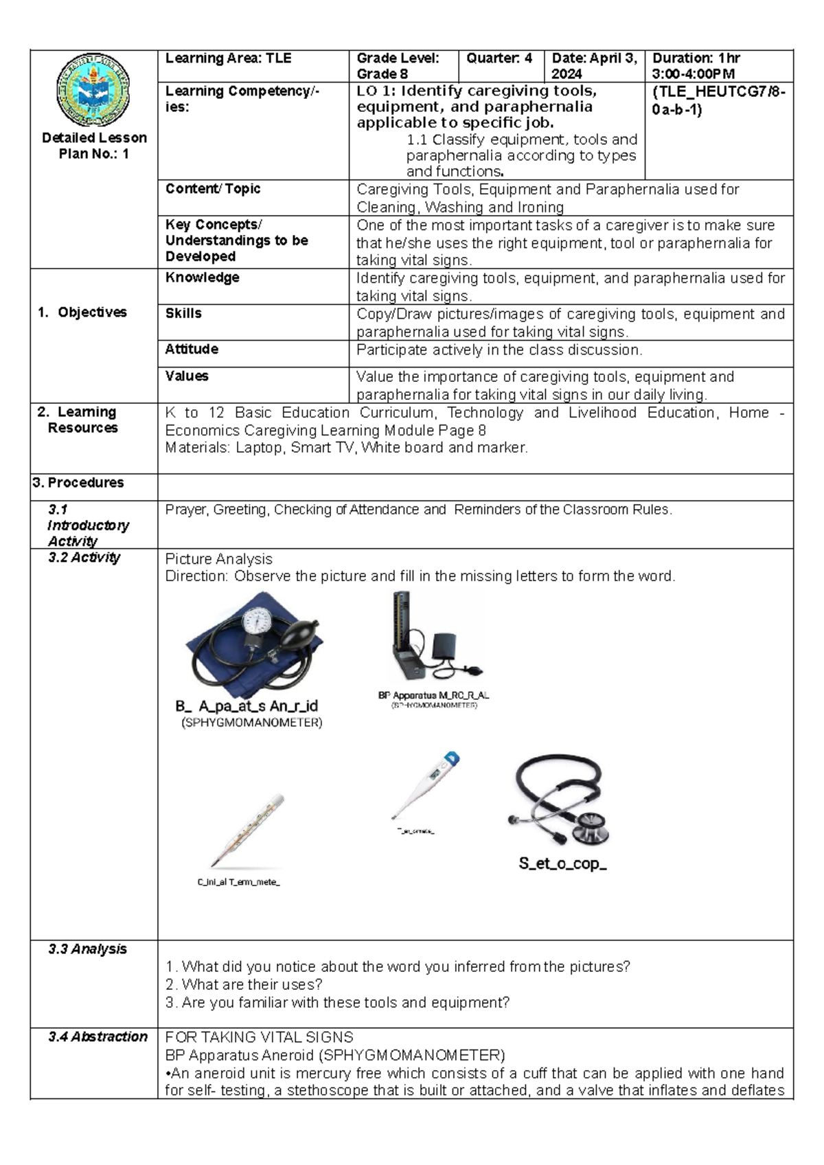 April 2- Caregiving 8 DLP - Detailed Lesson Plan No.: 1 Learning Area ...