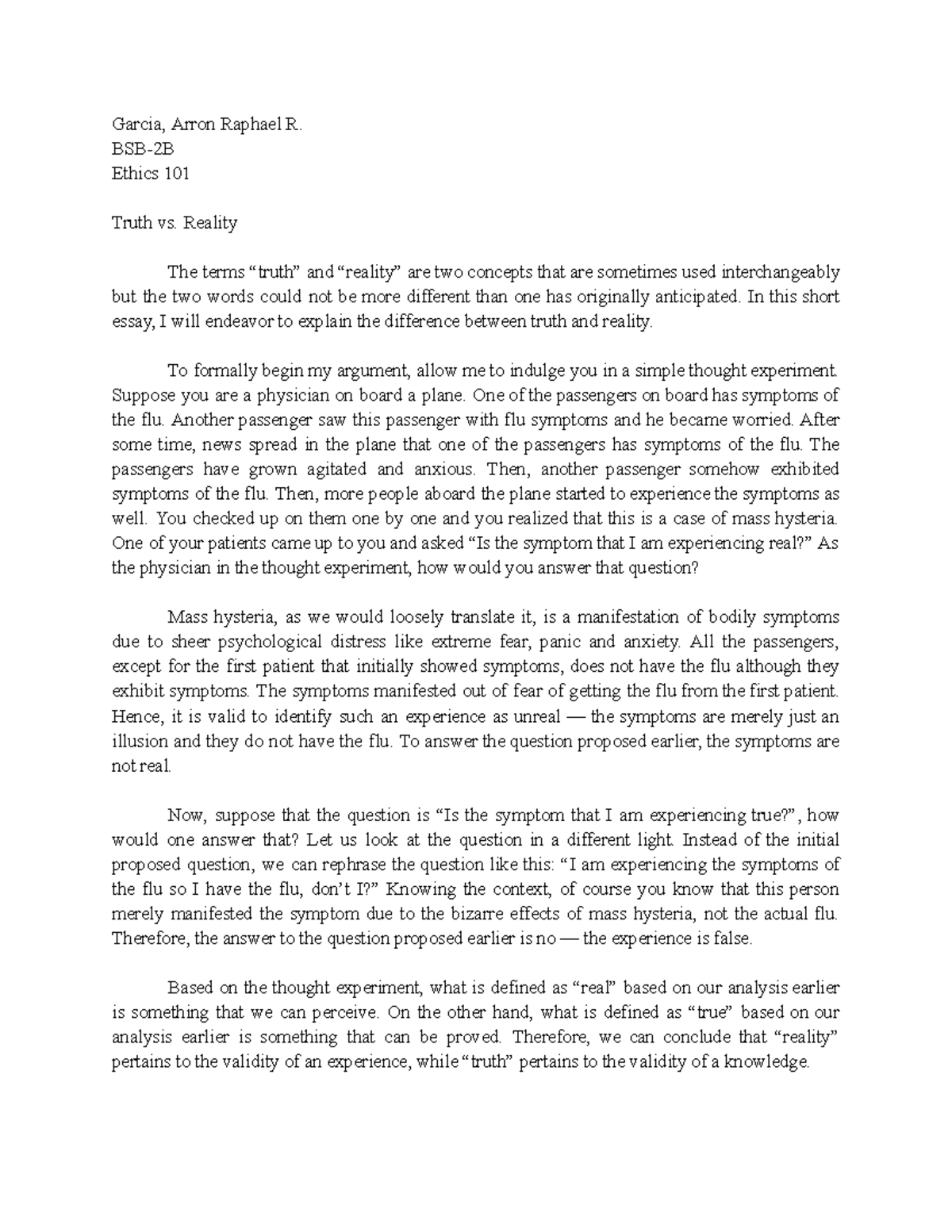 Philo Paper #2 - Garcia, Arron Raphael R. BSB-2B Ethics 101 Truth vs ...