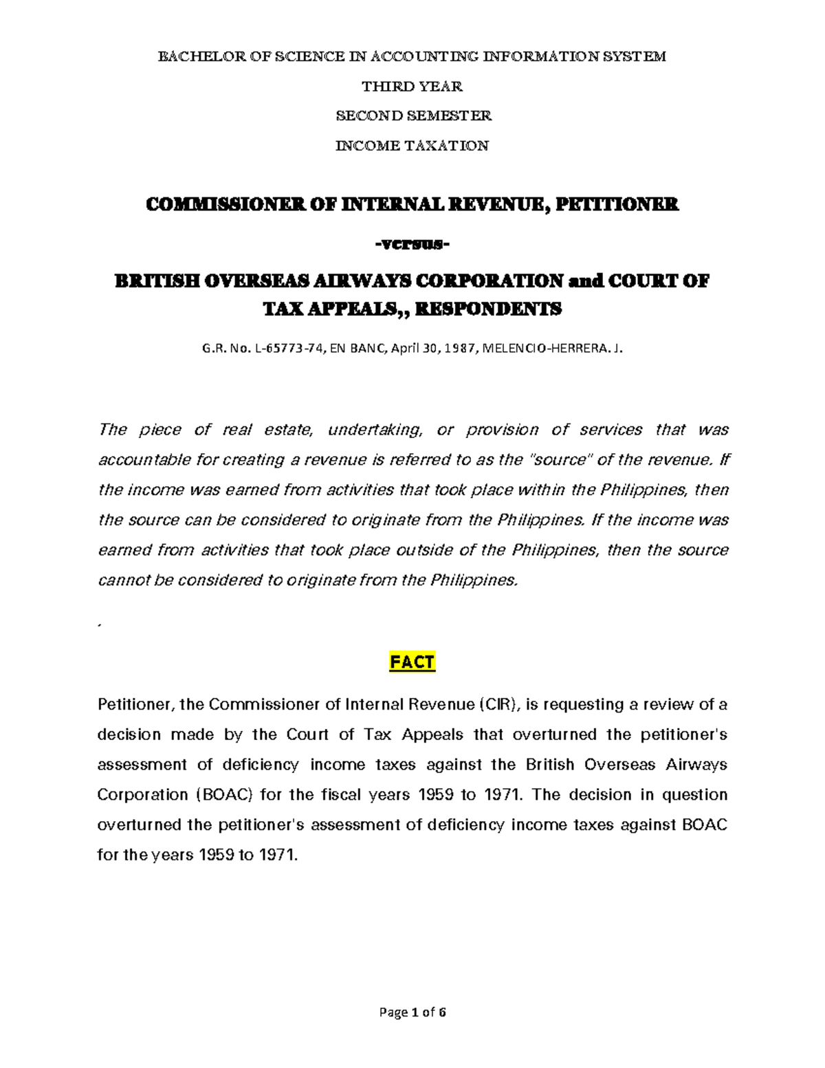 Bachelor OF Science IN Accounting Information System TAX 7 - THIRD YEAR ...