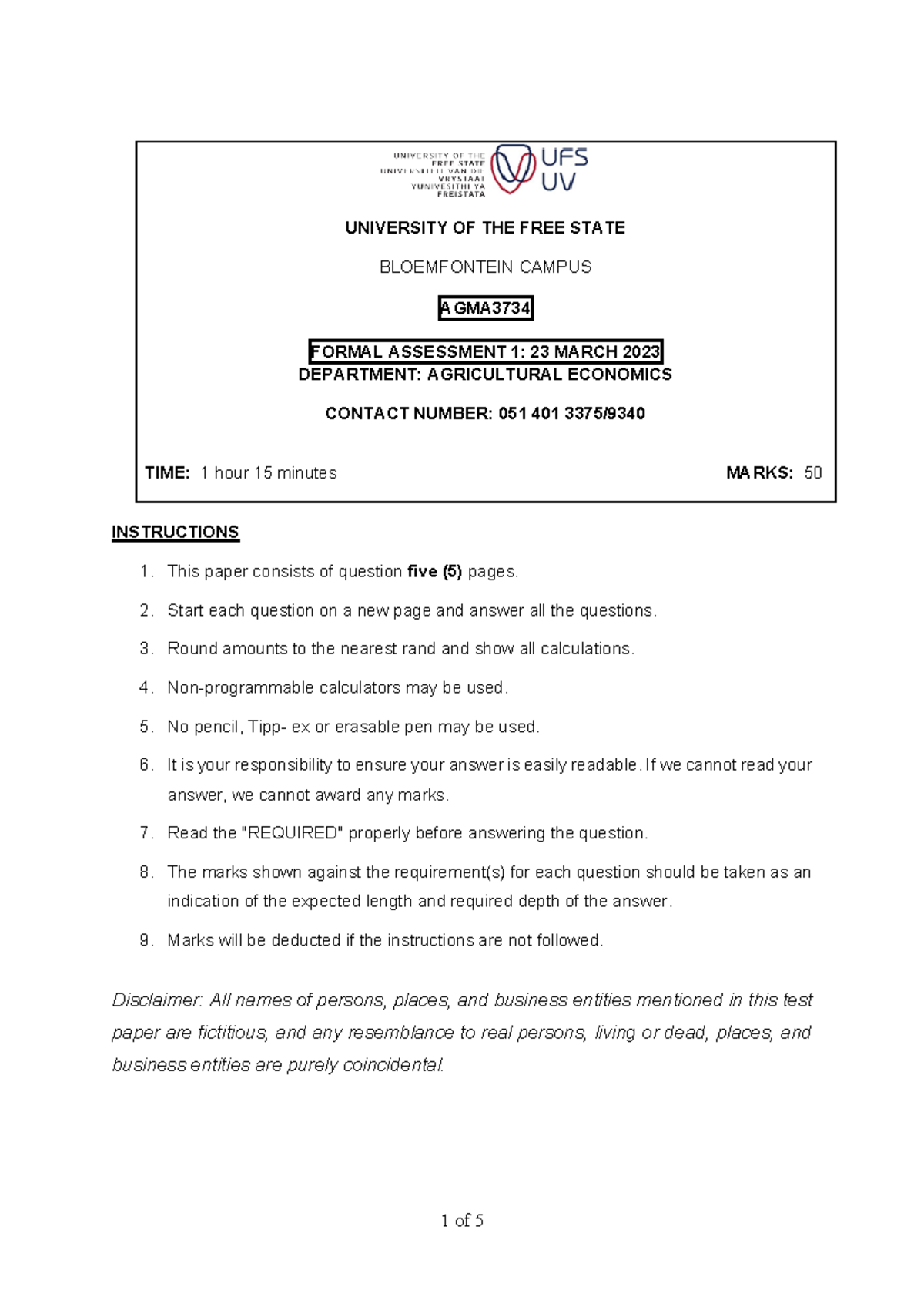 Semester Test 1 AGMA3734 2023 final - UNIVERSITY OF THE FREE STATE ...