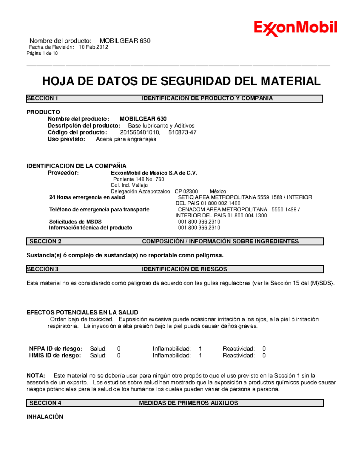 05 - Mobilgear 630 - Hojas de datos de seguridad - Fecha de Revisión ...
