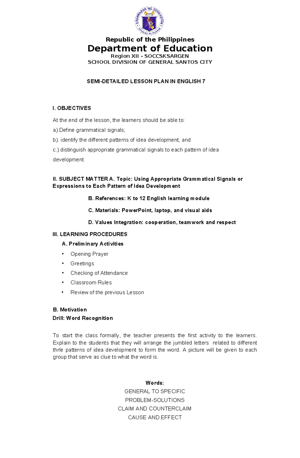 Lesson-PLAN-DEMO-1 edited - Republic of the Philippines Department of ...