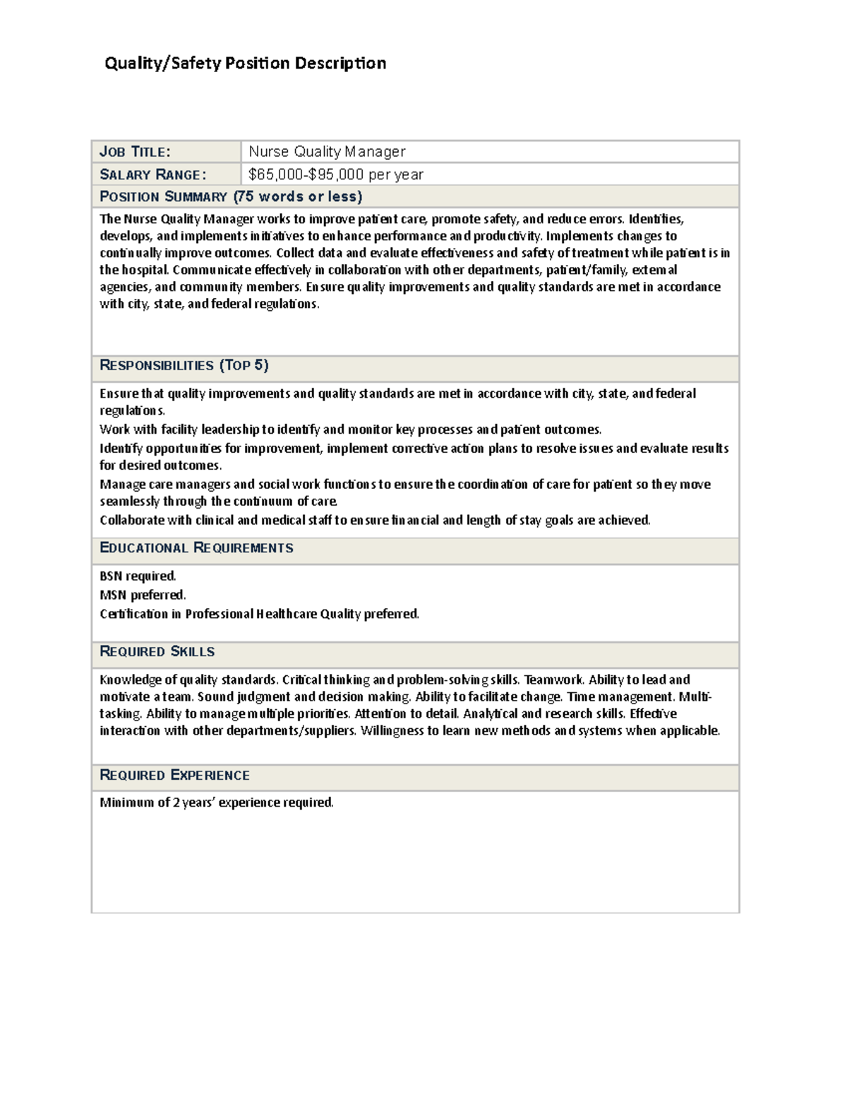D026- Nurse Quality Position Description - Quality/Safety Position ...