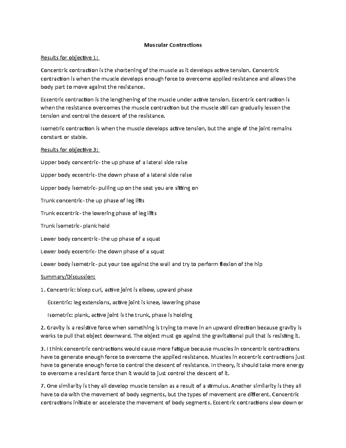 Kinesiology lab #2 - Lab assignment. - Muscular Contractions Results ...
