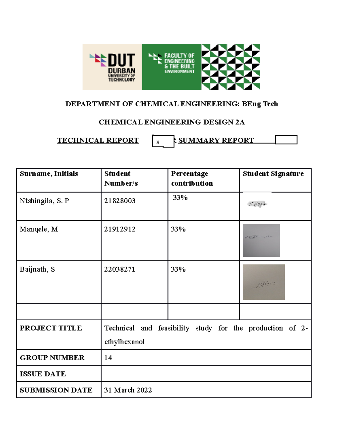 Group 14 CEDS201 - pipeline assignment - DEPARTMENT OF CHEMICAL ...