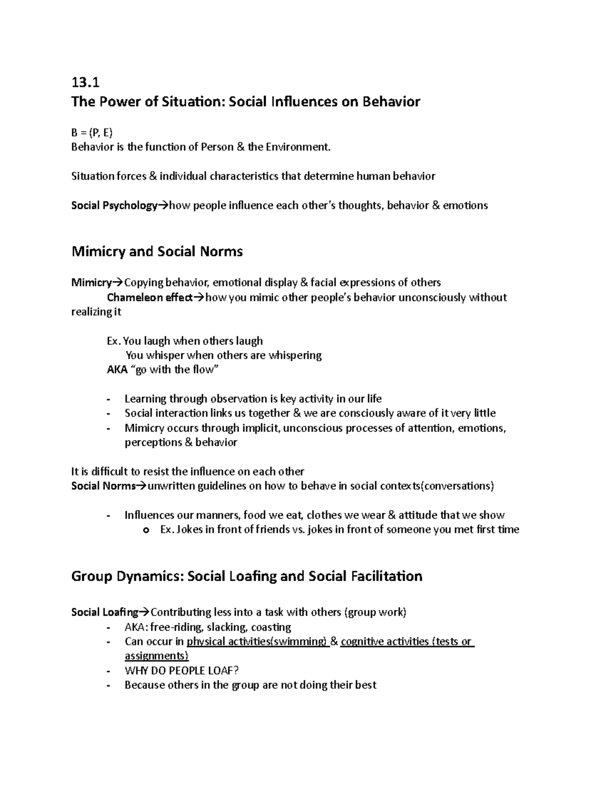 Chapter 13 (13,1) - Power of Situation: Social Influences on (P, is the ...