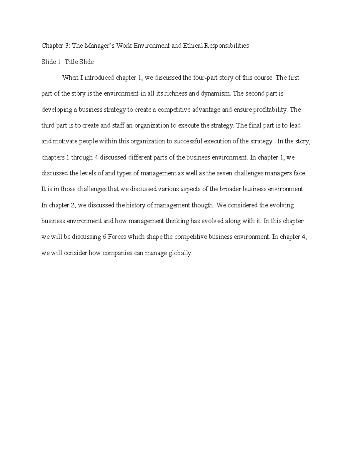 Chapter 3 Notes - Chapter 3: The Manager’s Work Environment and Ethical ...