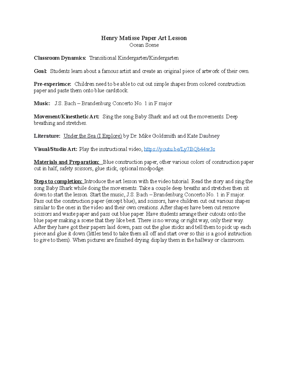 Henry Matisse Art Lesson - Henry Matisse Paper Art Lesson Ocean Scene ...