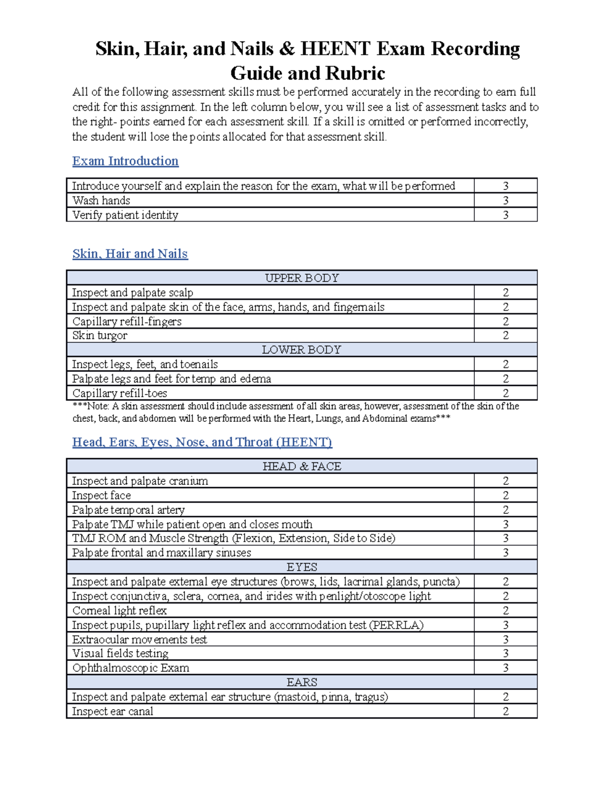 Skin, Hair, Nails & Heent Exam Guide & Rubric - Guide and Rubric All of ...