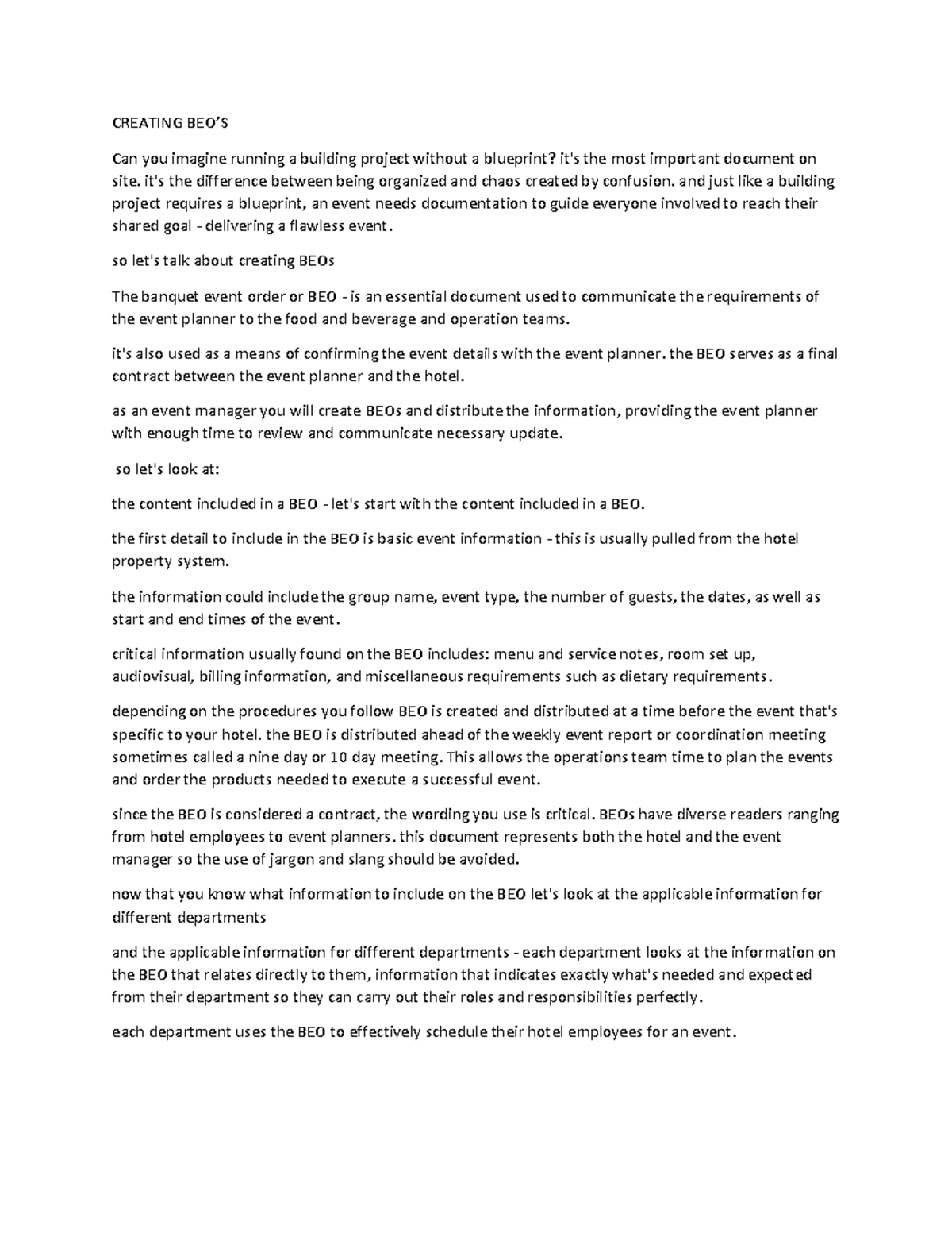 Creating BEO - Assignment - CREATING BEO’S Can you imagine running a ...