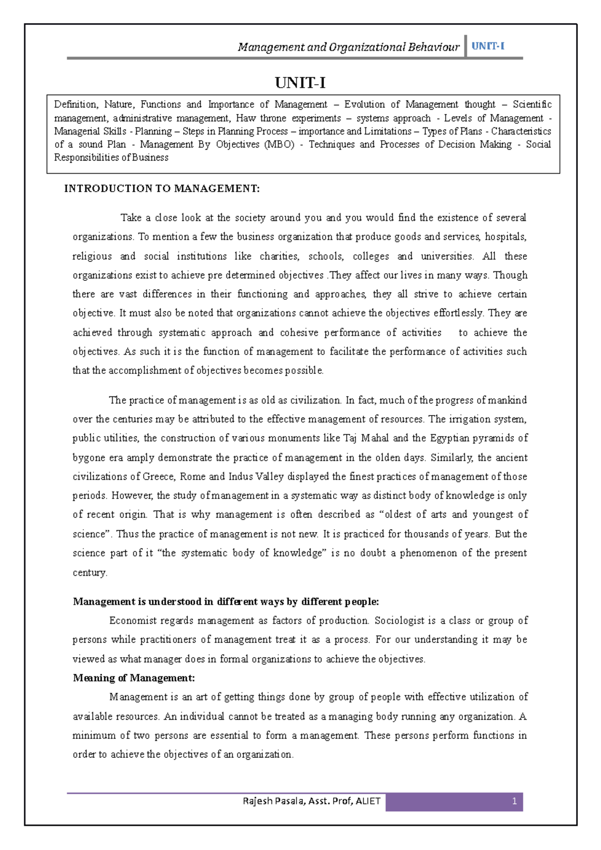 MOB UNIT-I - Notes as per JNTUK R19 MBA Syllabus. It is helpful to the ...