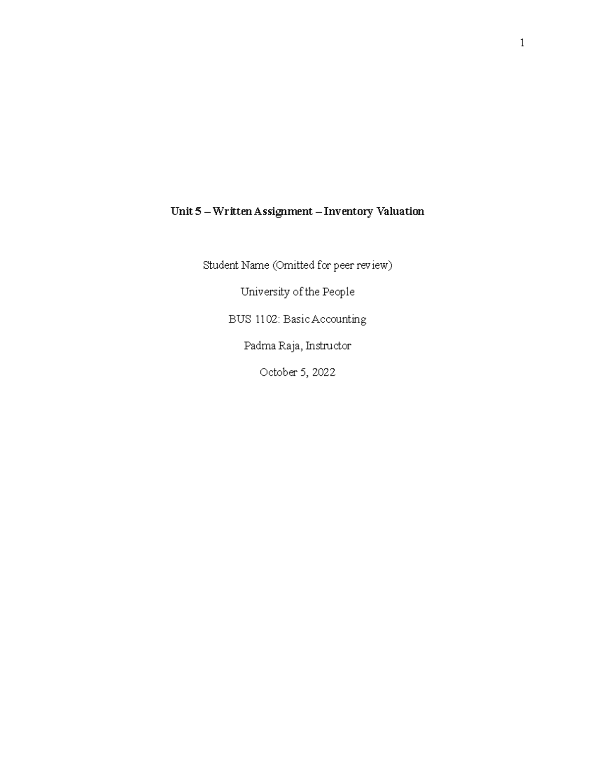 Week 5 Unit 5 – Written Assignment – Inventory Valuation - Unit 5 – Written Assignment ...