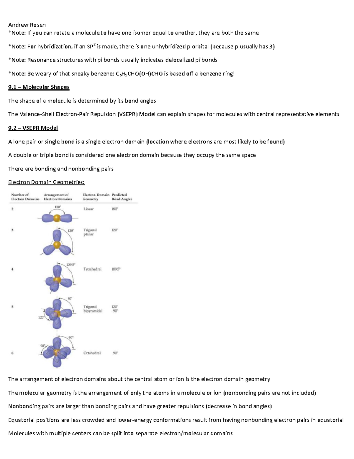 Chem Review 9 - Molecular Geometry and Bonding Theories - *Note: If you ...