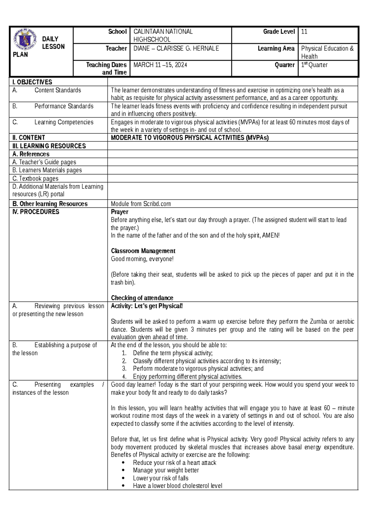 WEEK 4 PE&Health - physical education - DAILY LESSON PLAN School CALINTAAN NATIONAL HIGHSCHOOL ...