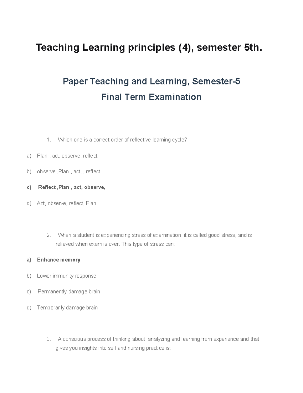 Teaching Learning principles (4), semester 5th - Paper Teaching and ...