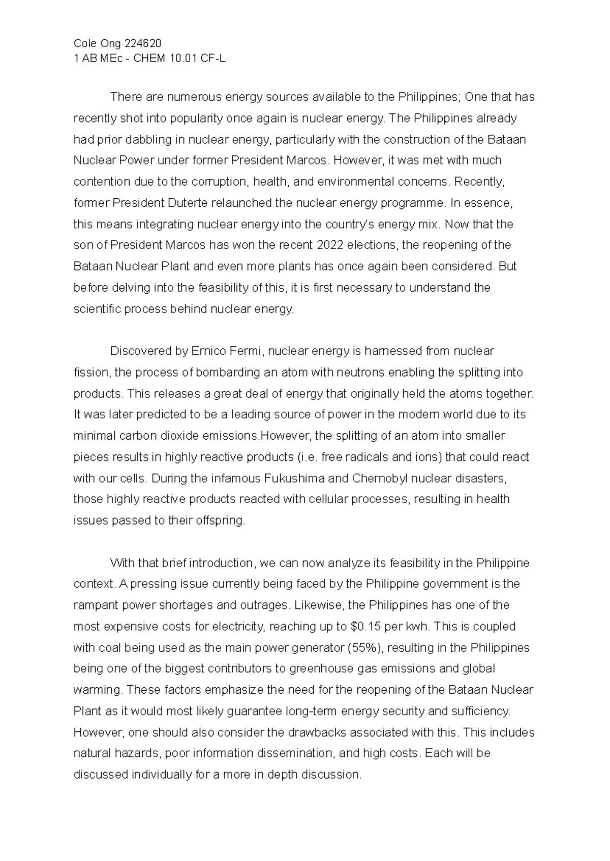 Cole Ong - Module 4 Reflection Paper - Cole Ong 224620 1 AB MEc - CHEM ...