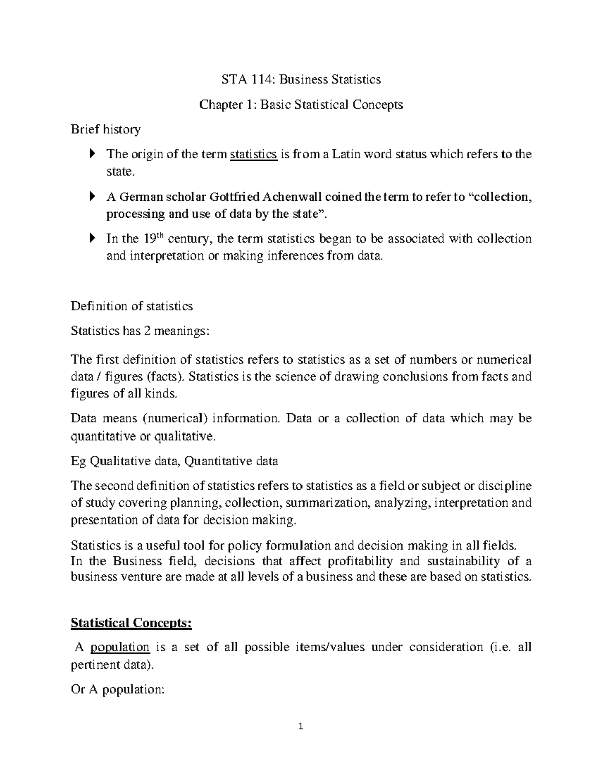Chapter 1 Basic Statistics Concepts - STA 114: Business Statistics Chapter 1: Basic Statistical ...