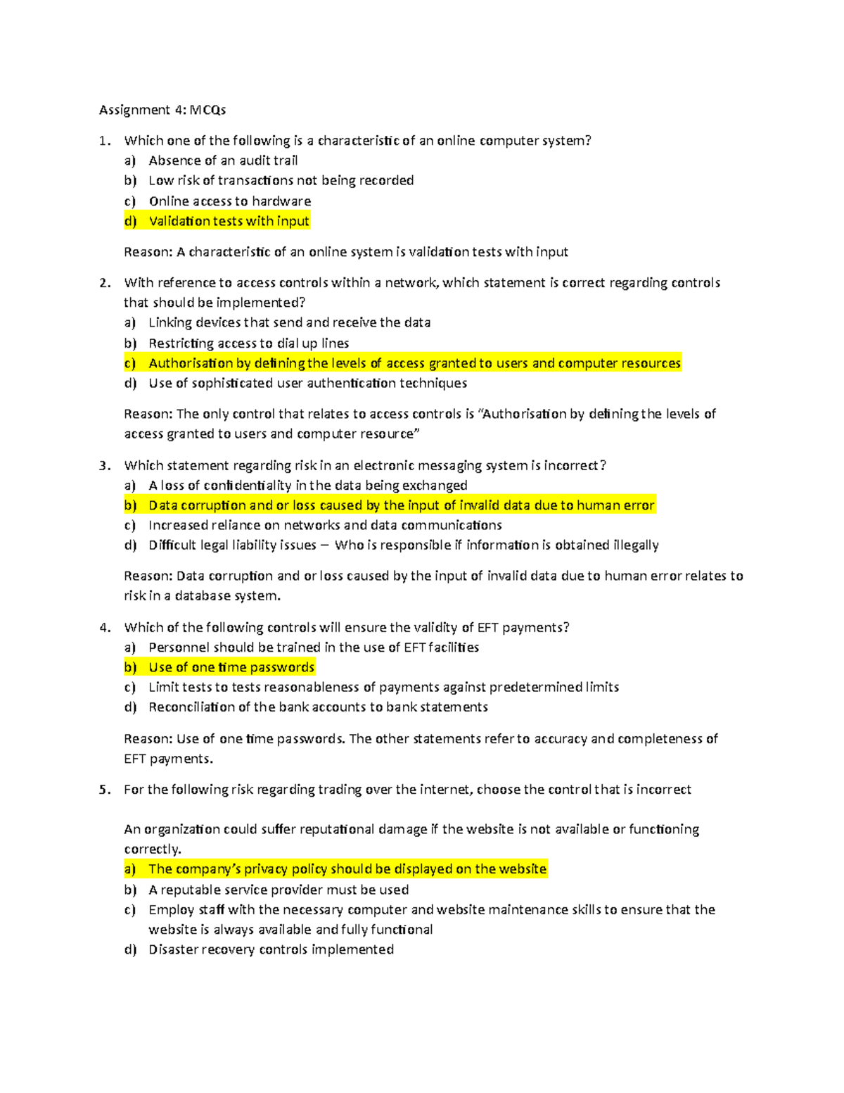 Assignment 4 - FOR PRACTICAL - Assignment 4: MCQs Which one of the ...