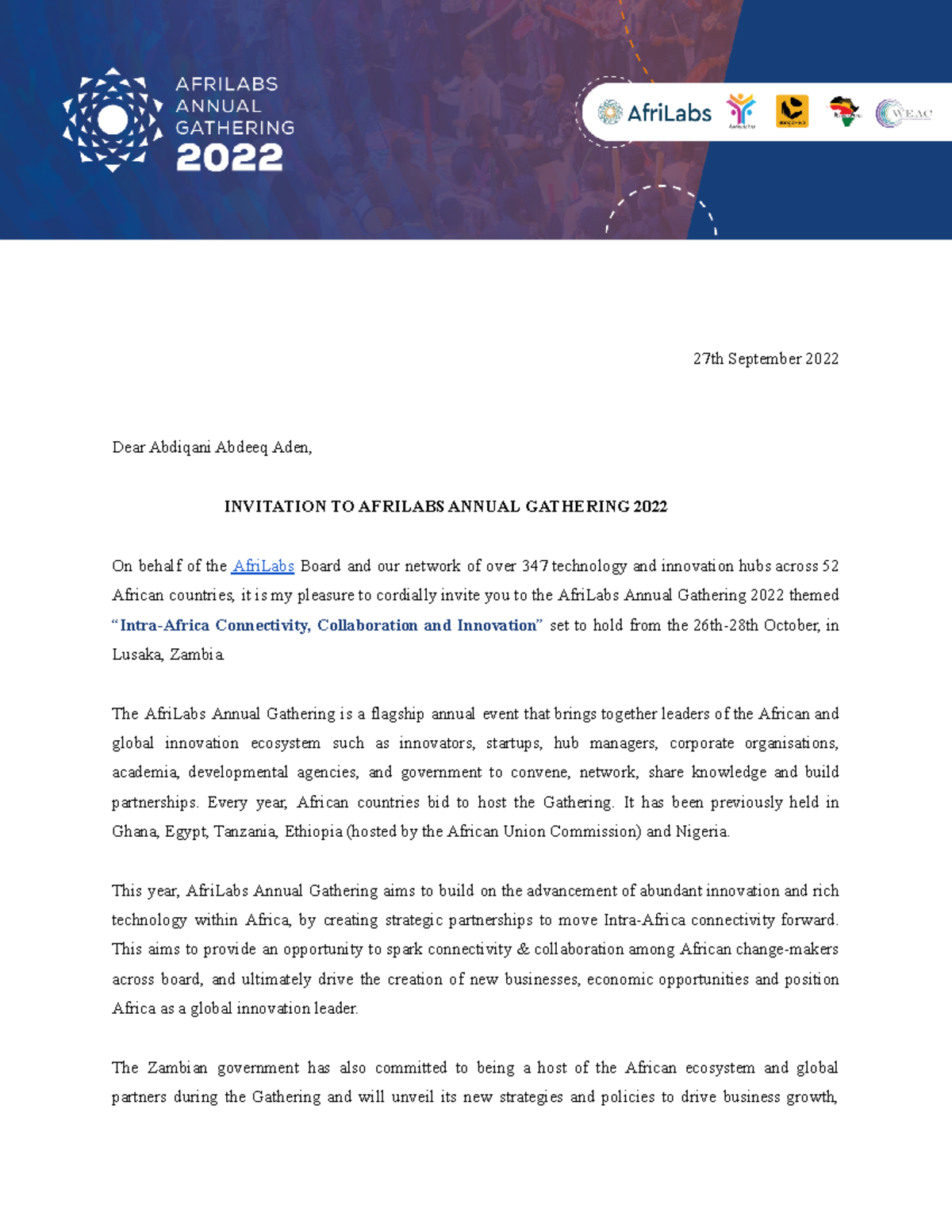 Invitation Letter for Afri Labs Annual Gathering 2022 (Abdiqani Abdeeq ...