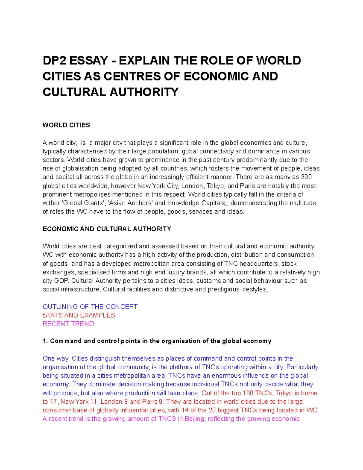 DP2 World Cities Essay - DP2 ESSAY - EXPLAIN THE ROLE OF WORLD CITIES ...