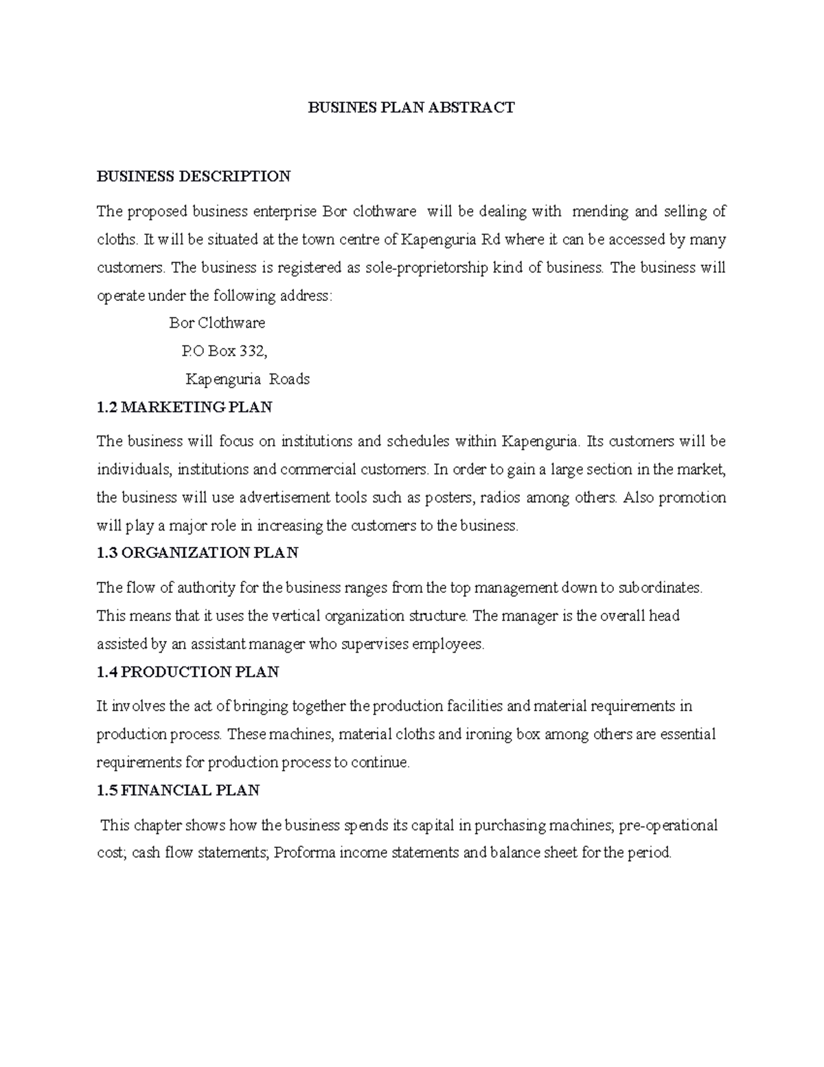 BOR Clothware business plan - BUSINES PLAN ABSTRACT BUSINESS ...