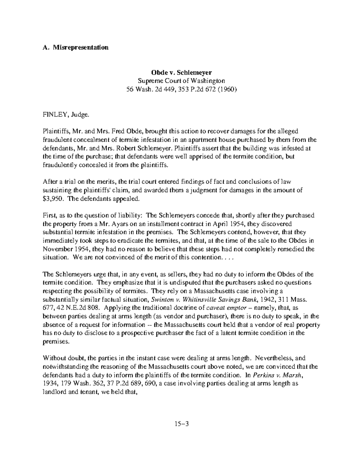 Obde v. Schlemeyer - Anderson Fall 2022 - A. Misrepresentation Obde v ...