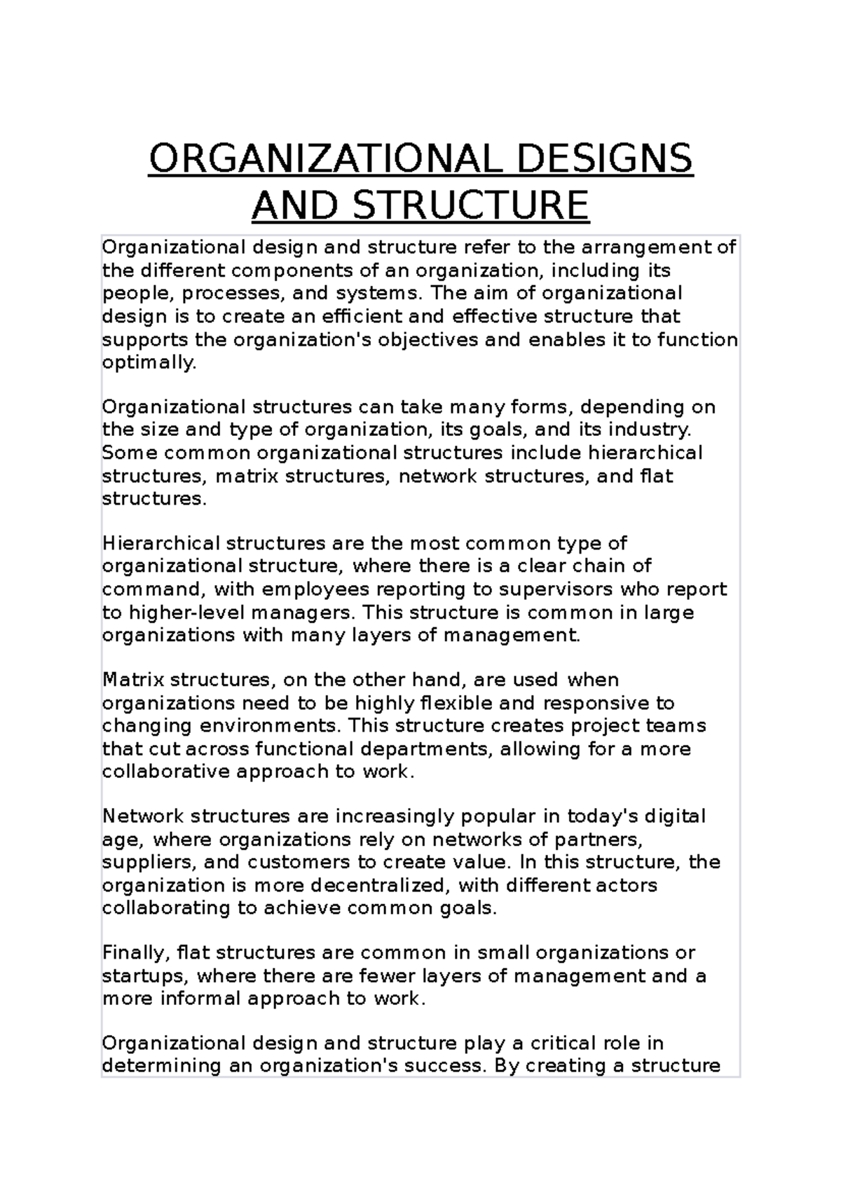Organizational Designs AND Structure - ORGANIZATIONAL DESIGNS AND ...