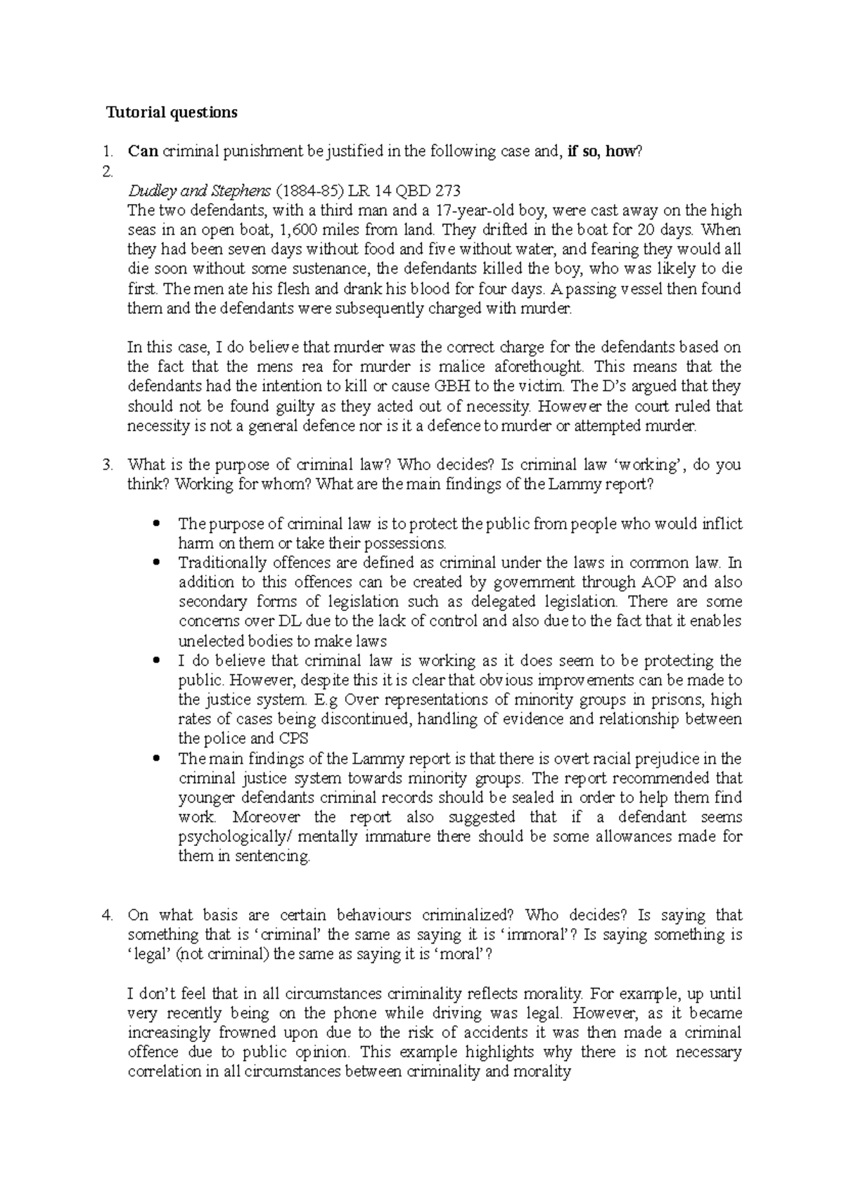 Criminal Law Tutorial 1 - Tutorial questions 1. Can criminal punishment ...