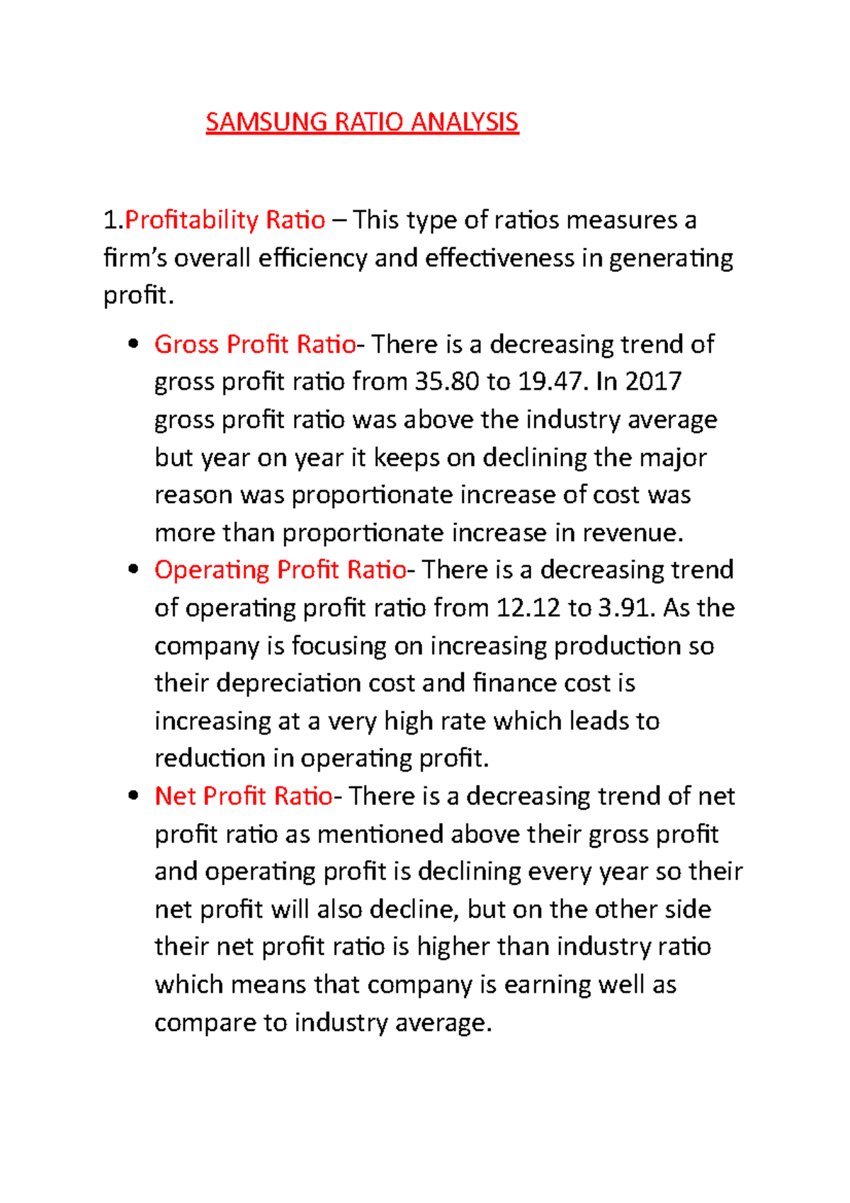 Samsung Ratio Analysis - SAMSUNG RATIO ANALYSIS 1 Ratio – This type of ...