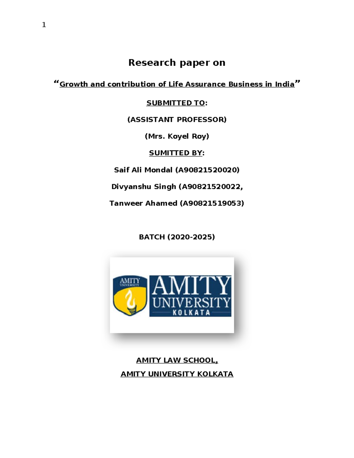 Insurance Law project - Research paper on “Growth and contribution of ...
