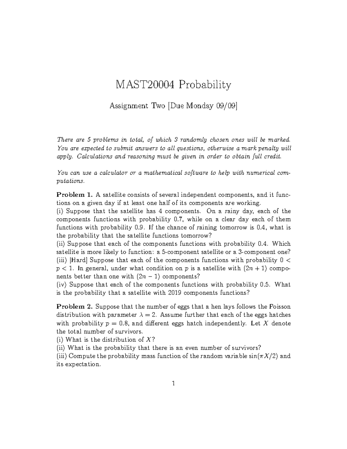 Assignment 2 Questions - MAST20004 Probability Assignment Two [Due ...