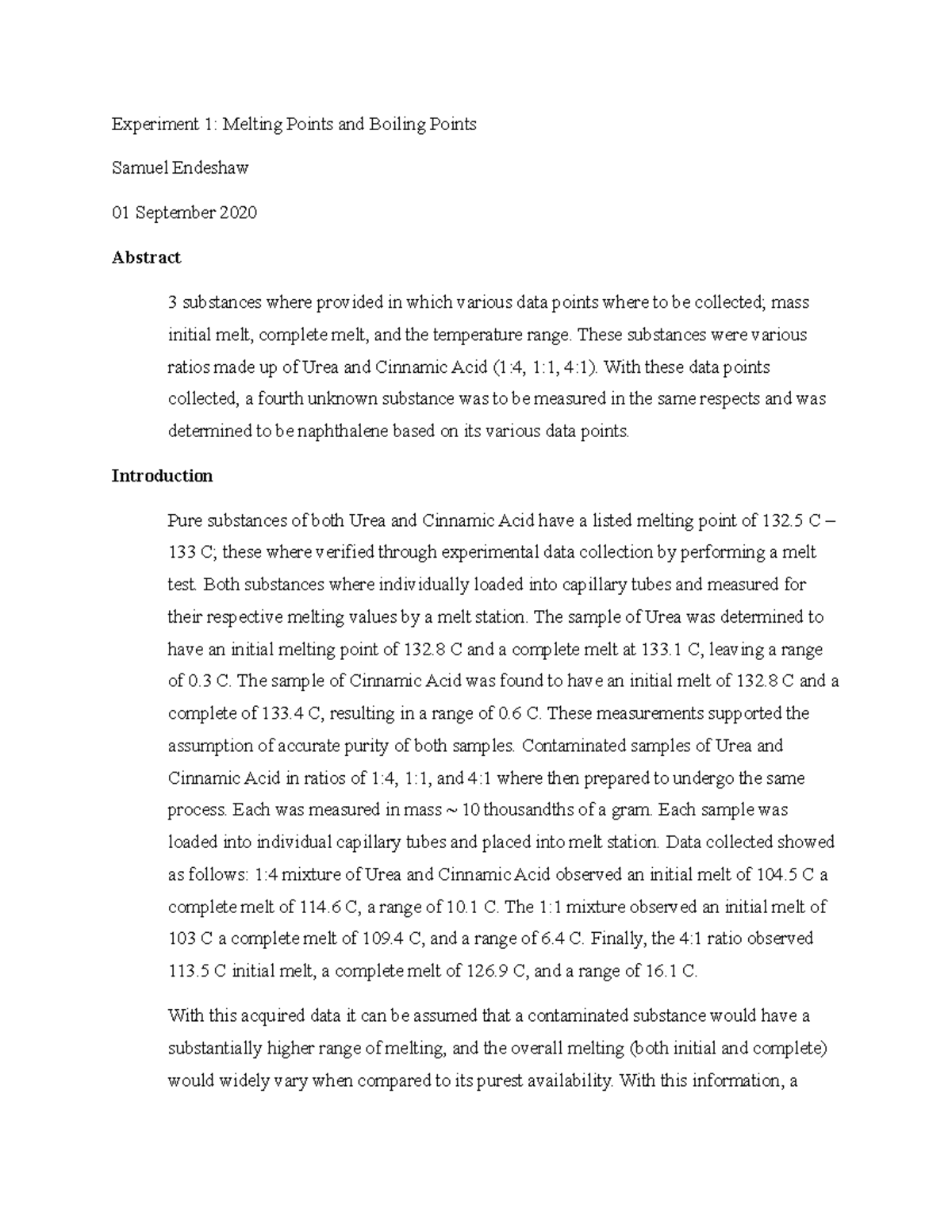 Formal Lab Report 1: Melting Point - Experiment 1: Melting Points and ...
