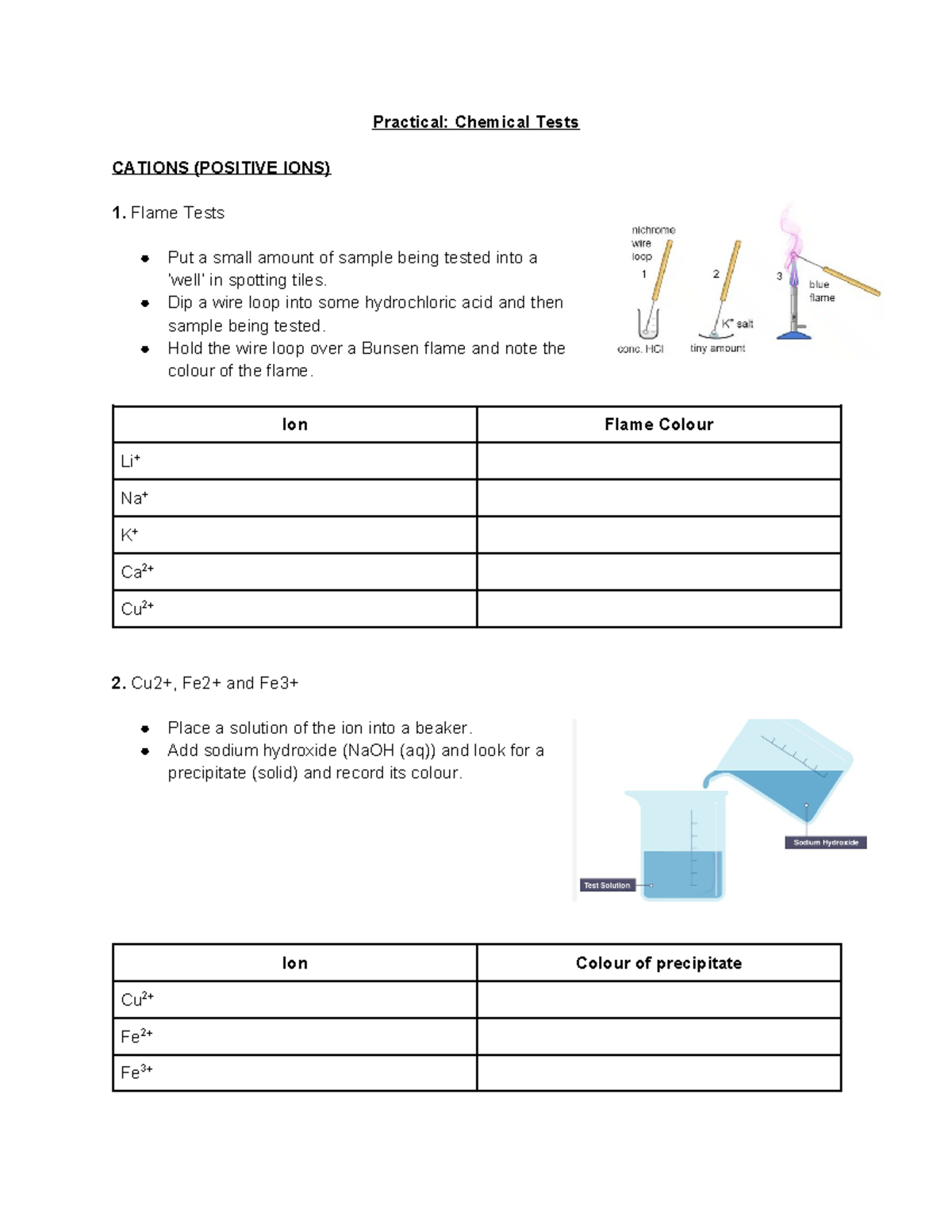 Practical Chemical Tests - Practical: Chemical Tests CATIONS (POSITIVE ...