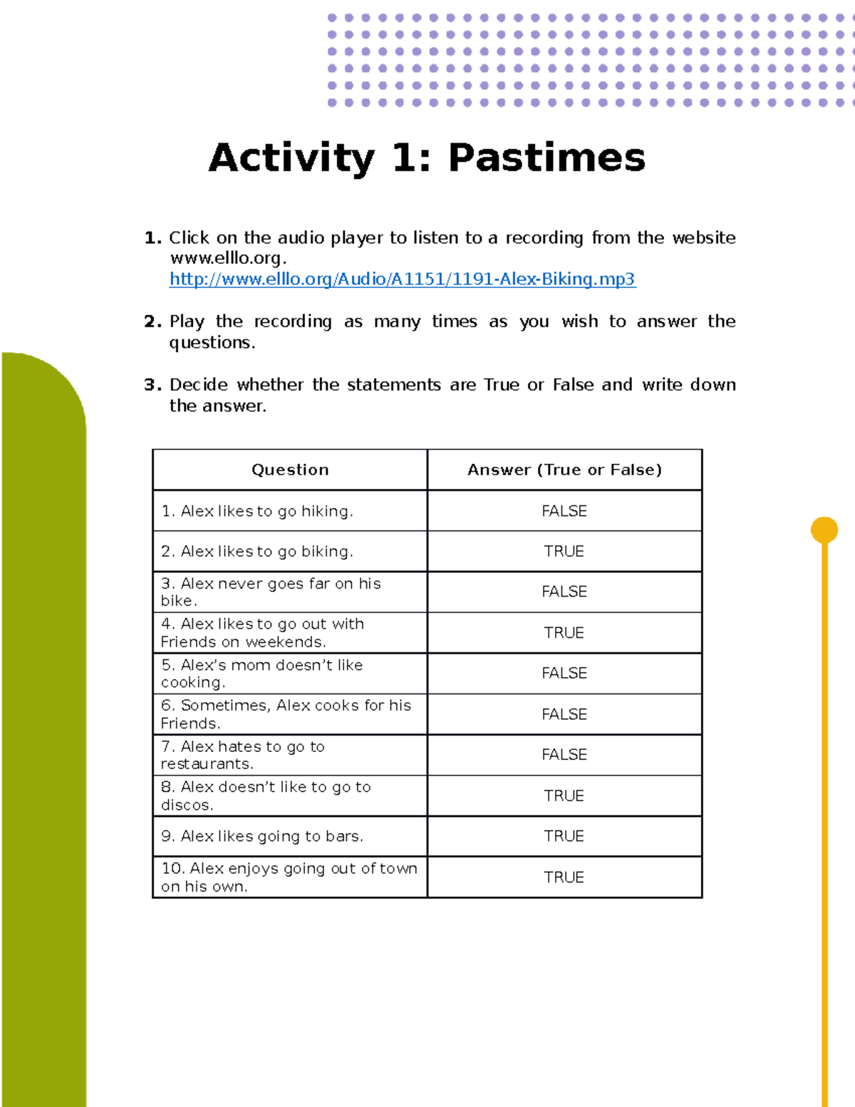 Activity 1 - Pastimes - ejercicio - Activity 1: Pastimes 1. Click on ...