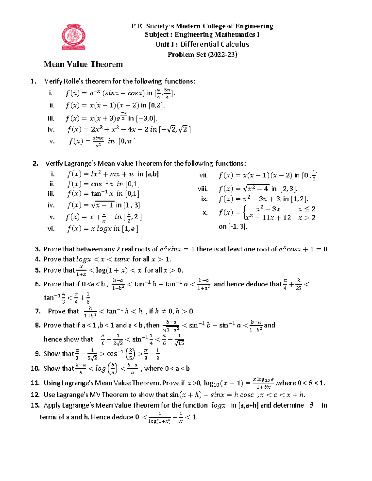 Problem set-I Differential Calculus - P E Society’s Modern College of Engineering Subject ...