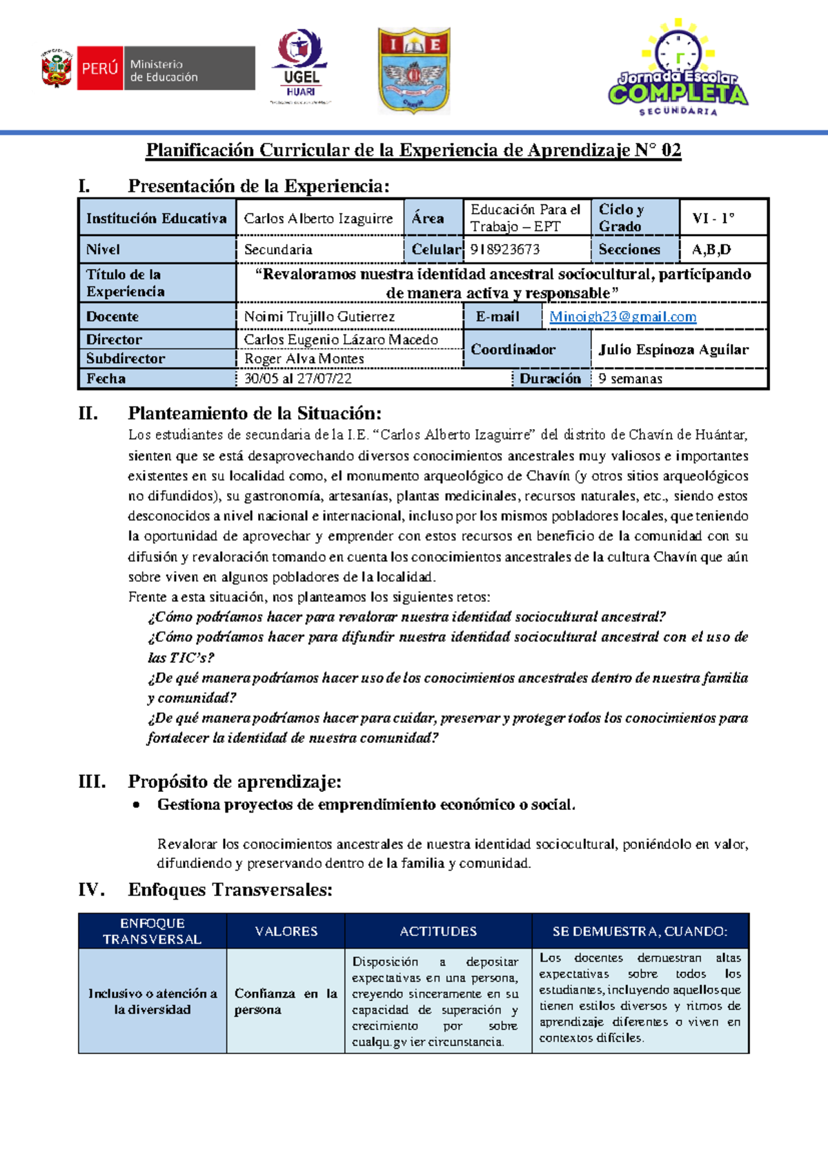 Ept 1° sec - EPT - Planificación Curricular de la Experiencia de Aprendizaje N° 0 2 I ...