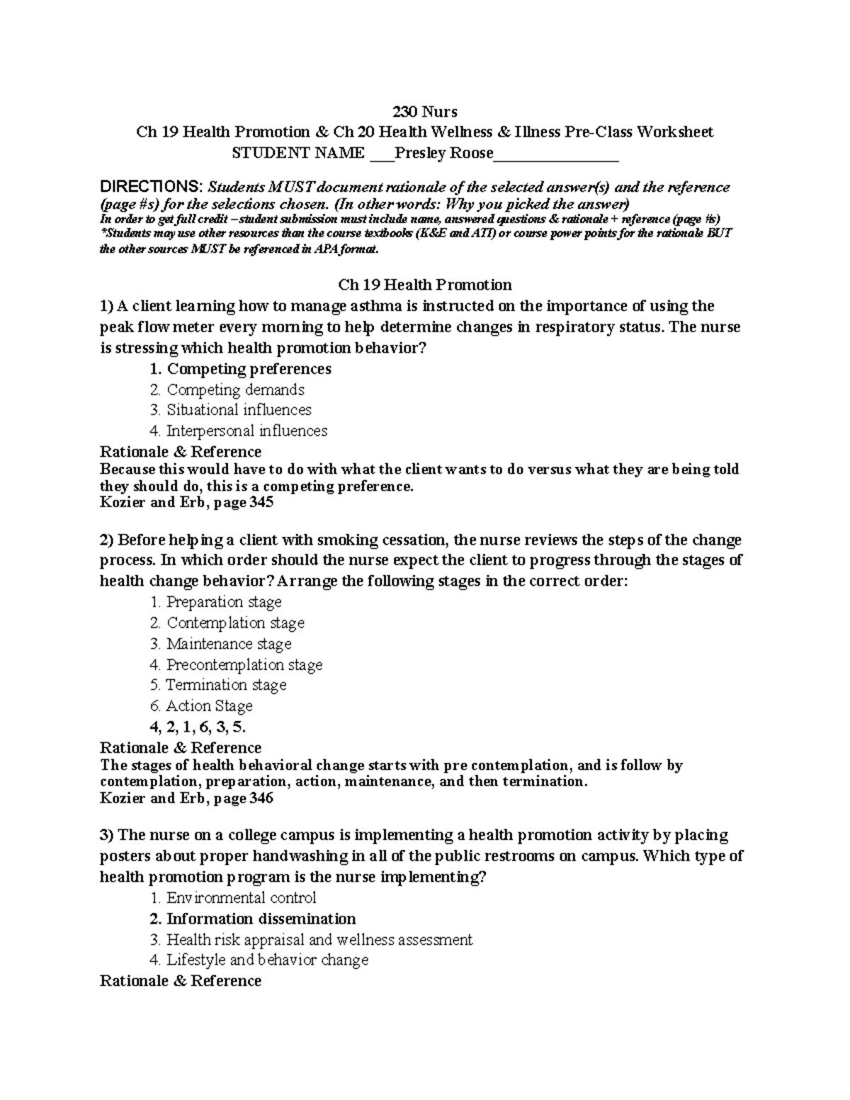 Ch 19 Health Promotion Ch 20 Health Well Ill Pre-Class Worksheet - 230 ...