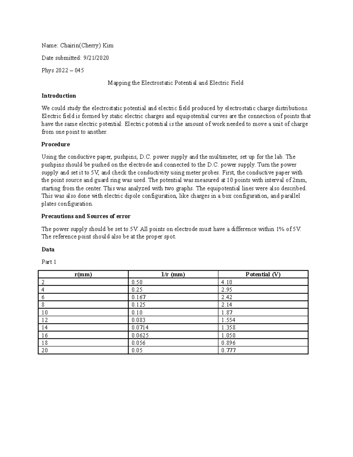 Phys 2022 lab 2 - lab reports for physics lab - Name: Chairin(Cherry ...