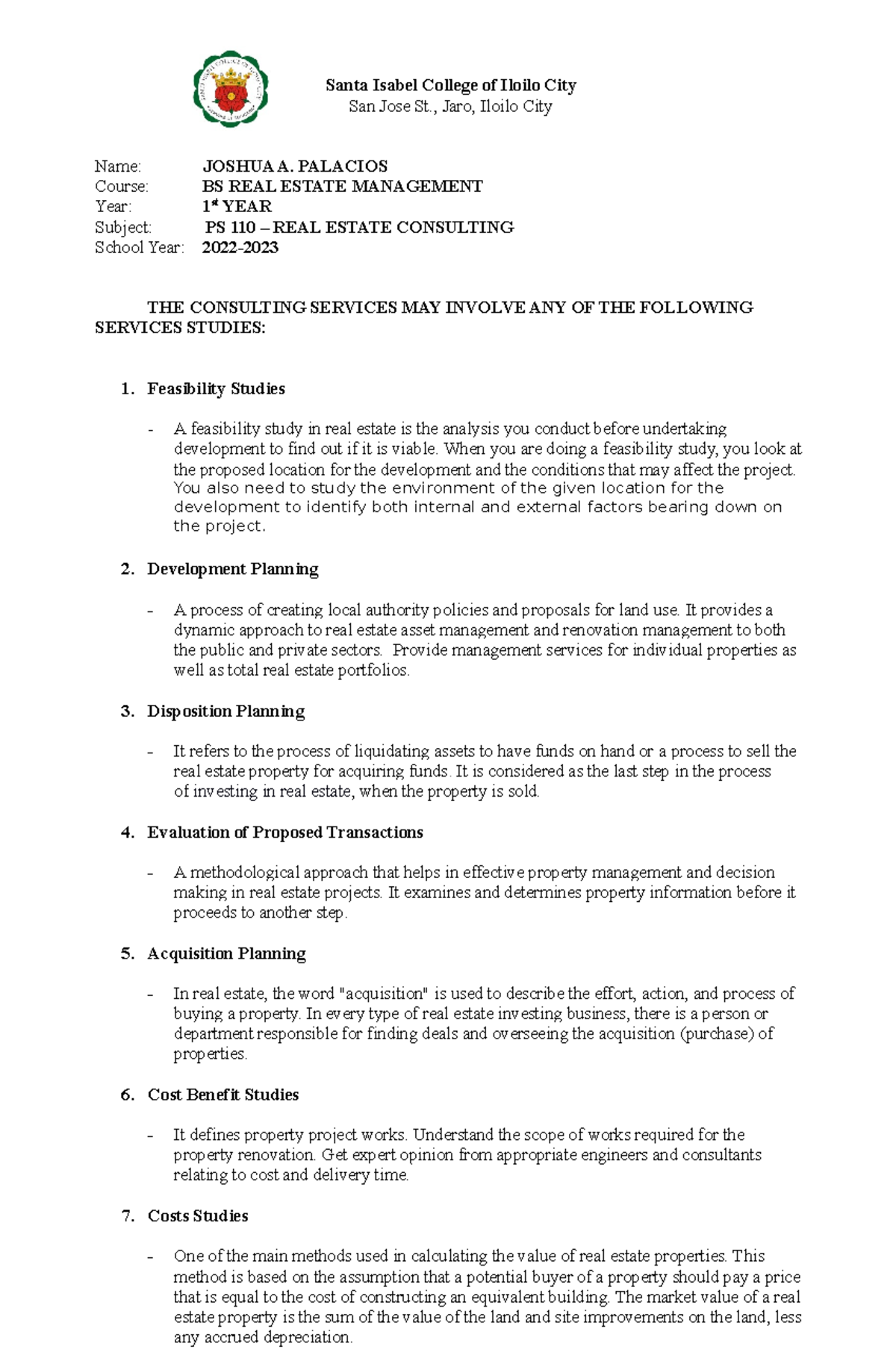 Assignment IN PS 110 - REAL Estatte Consulting - Santa Isabel College ...