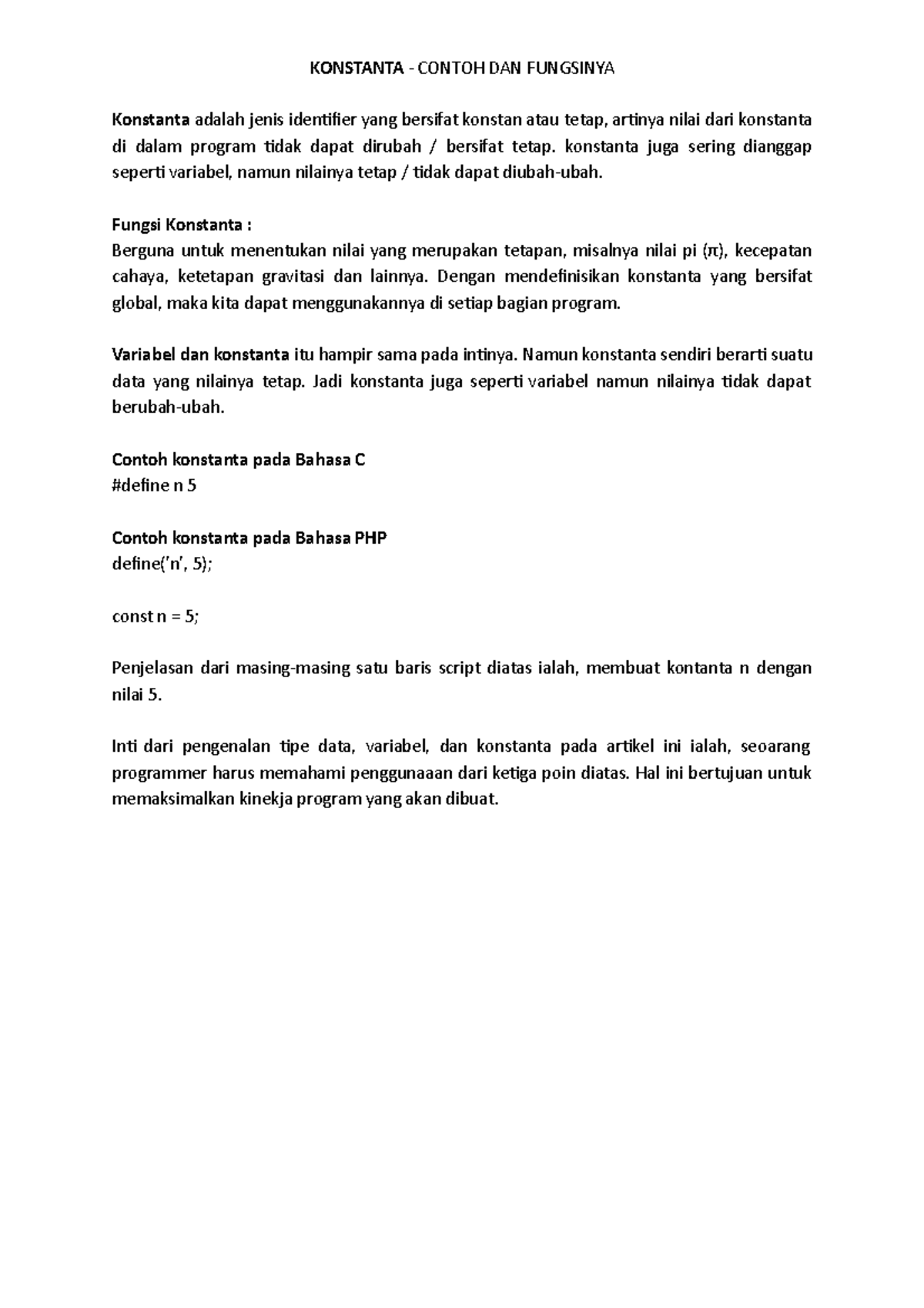Konstanta - KONSTANTA - CONTOH DAN FUNGSINYA Konstanta adalah jenis ...