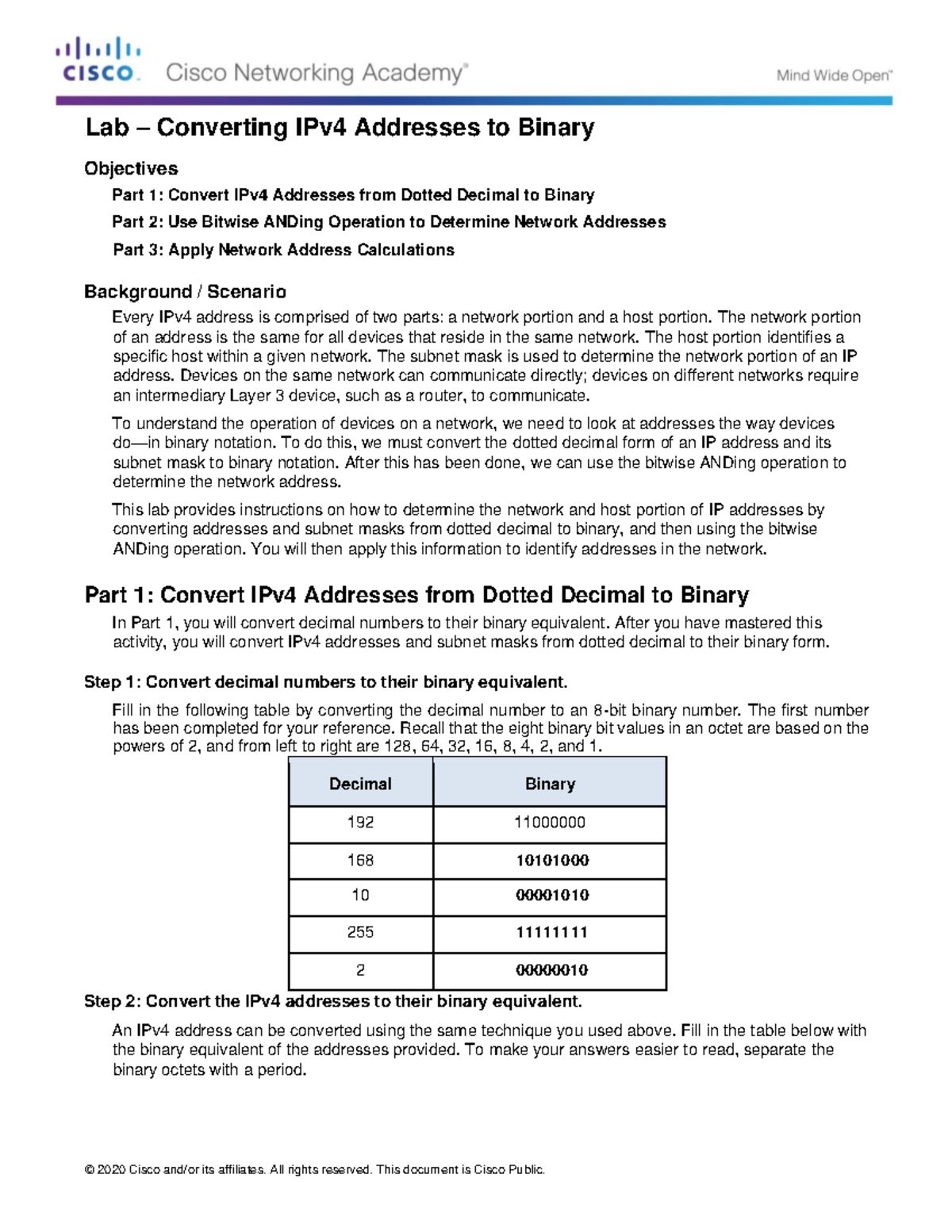 Lab 11 Converting Ipv4 Addresses To Binary Objectives Part 1 4050
