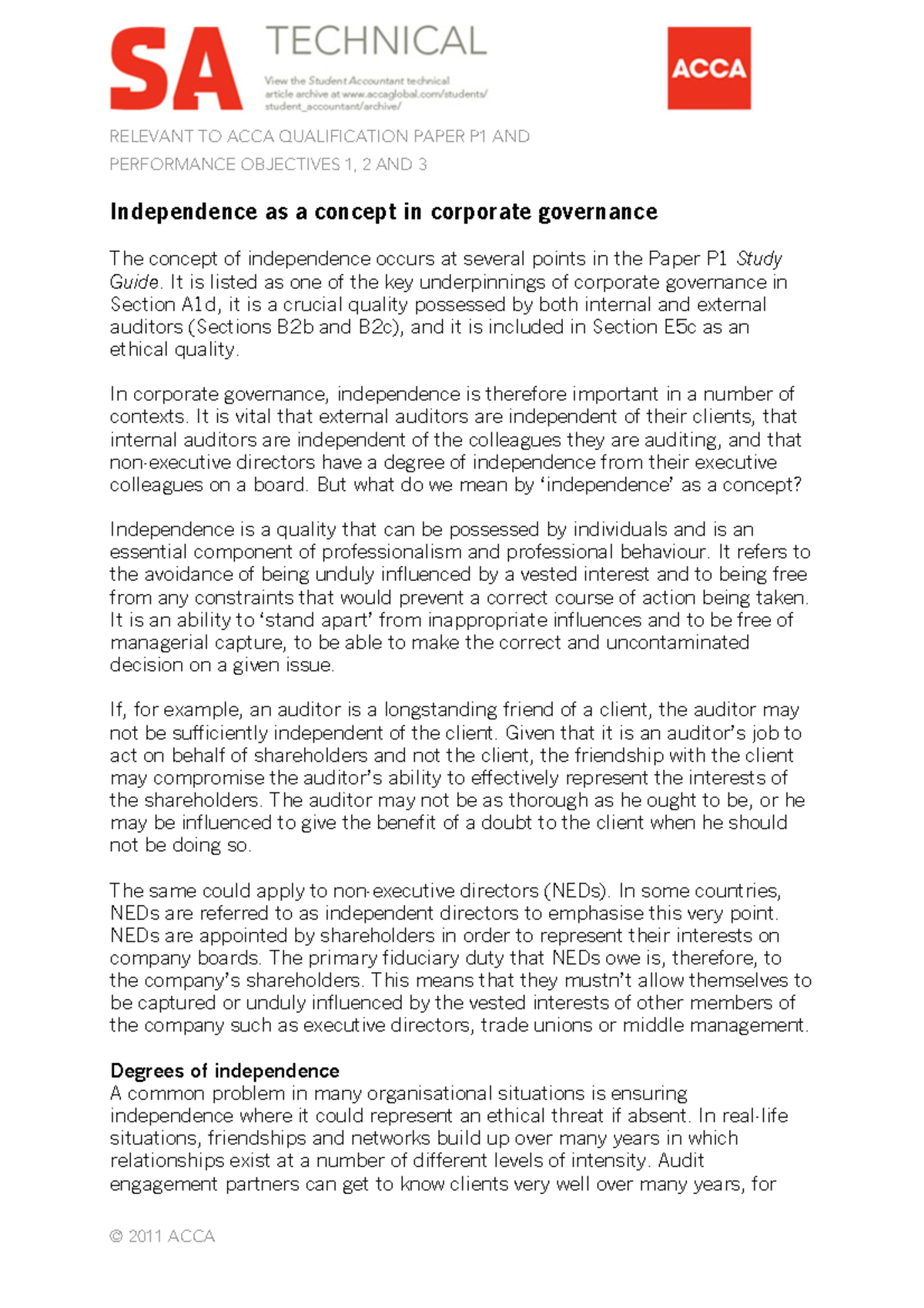 Sa sept11 independence - RELEVANT TO ACCA QUALIFICATION PAPER P1 AND ...