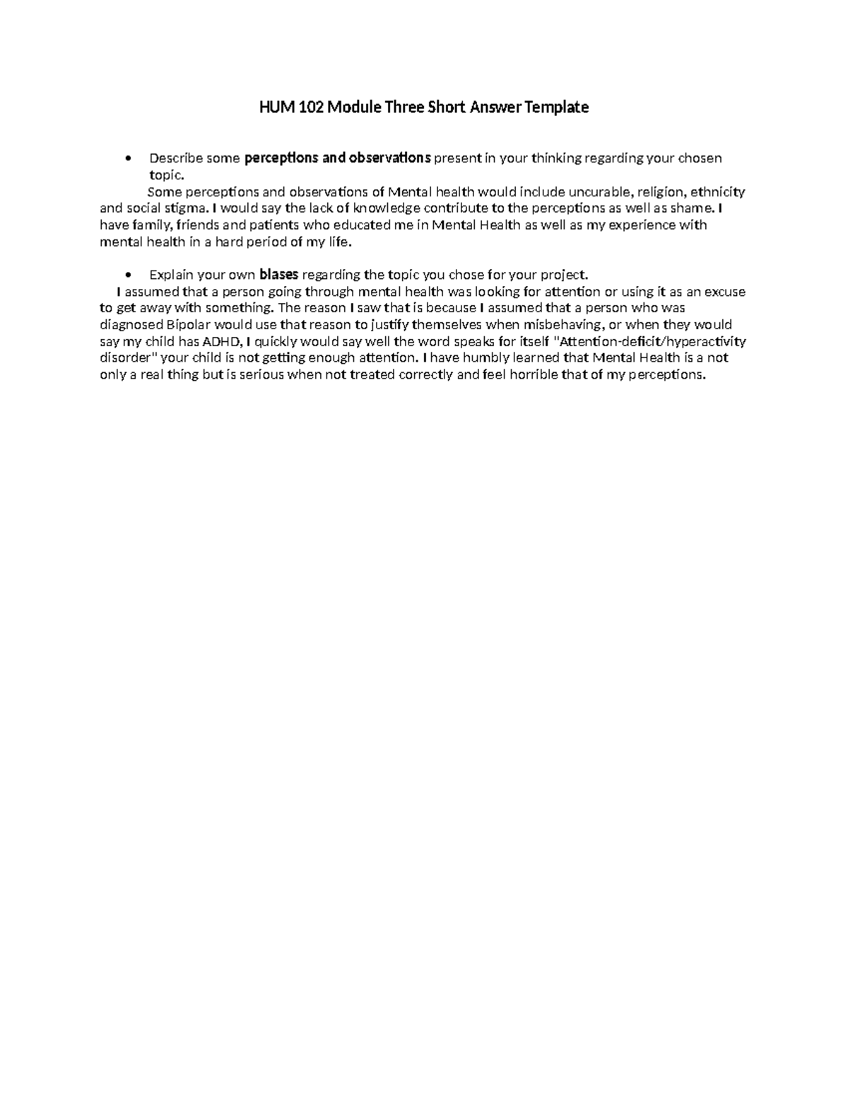 HUM 102 Module Three Short Answer Template - Some perceptions and ...